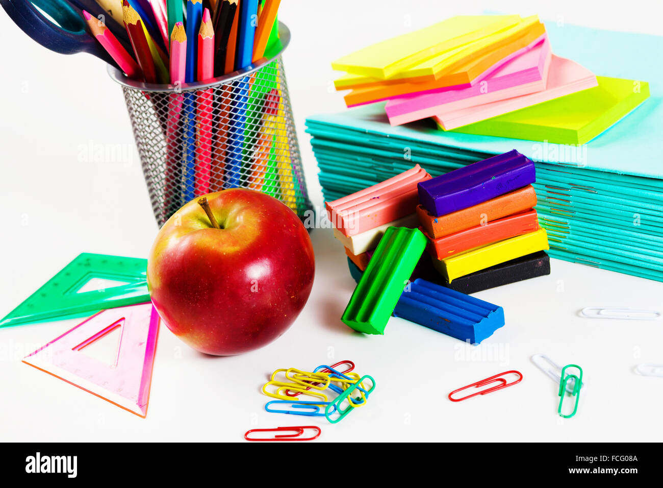 Colored pencils plasticine papers and other school items Stock Photo ...