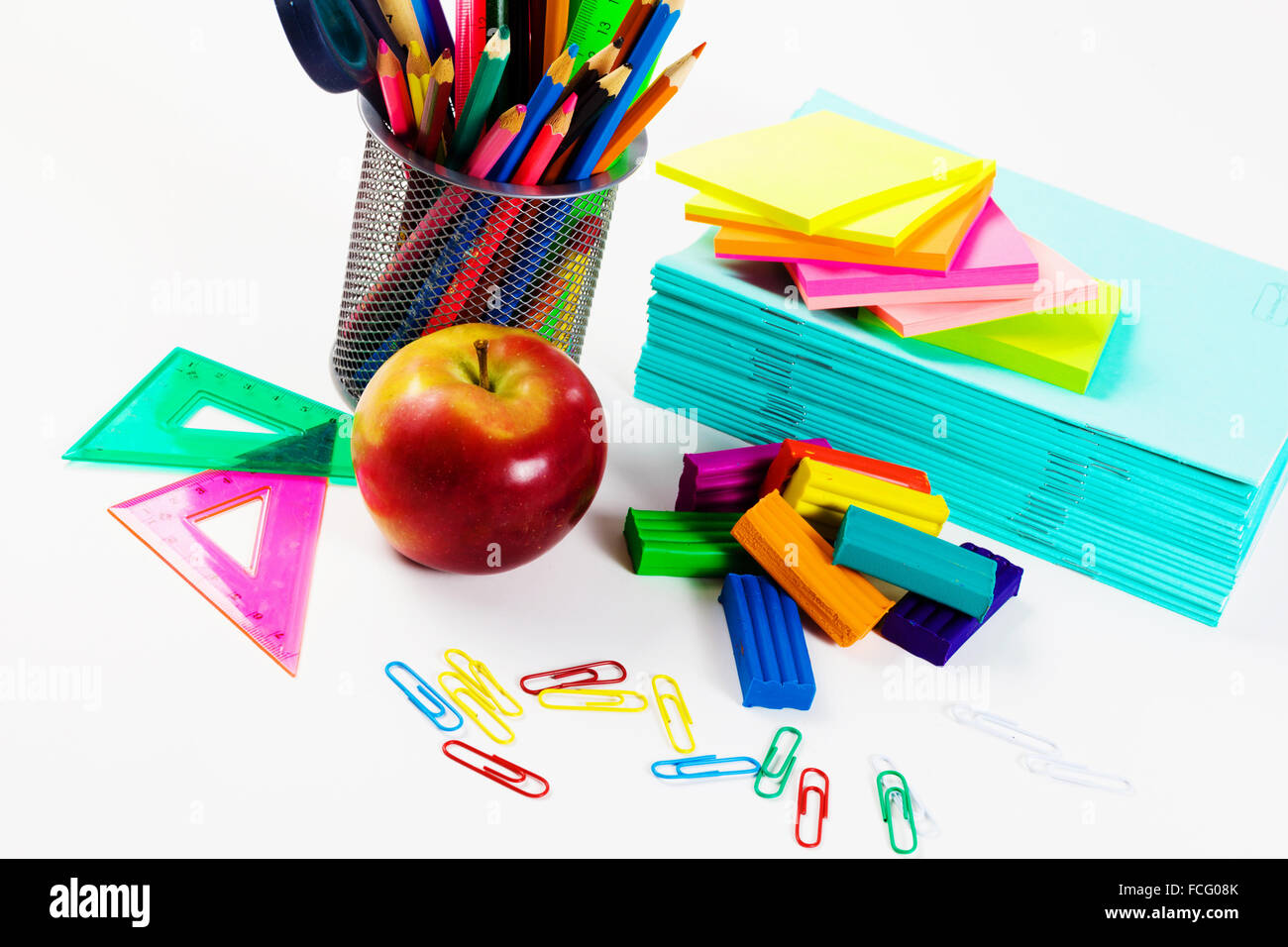 Colored pencils plasticine papers and other school items Stock Photo ...