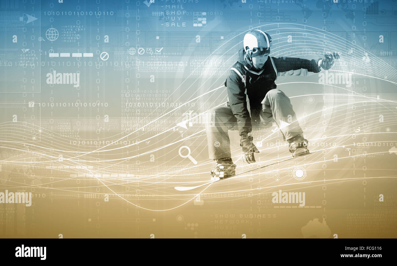 Male snowboarder making jump against media background Stock Photo - Alamy