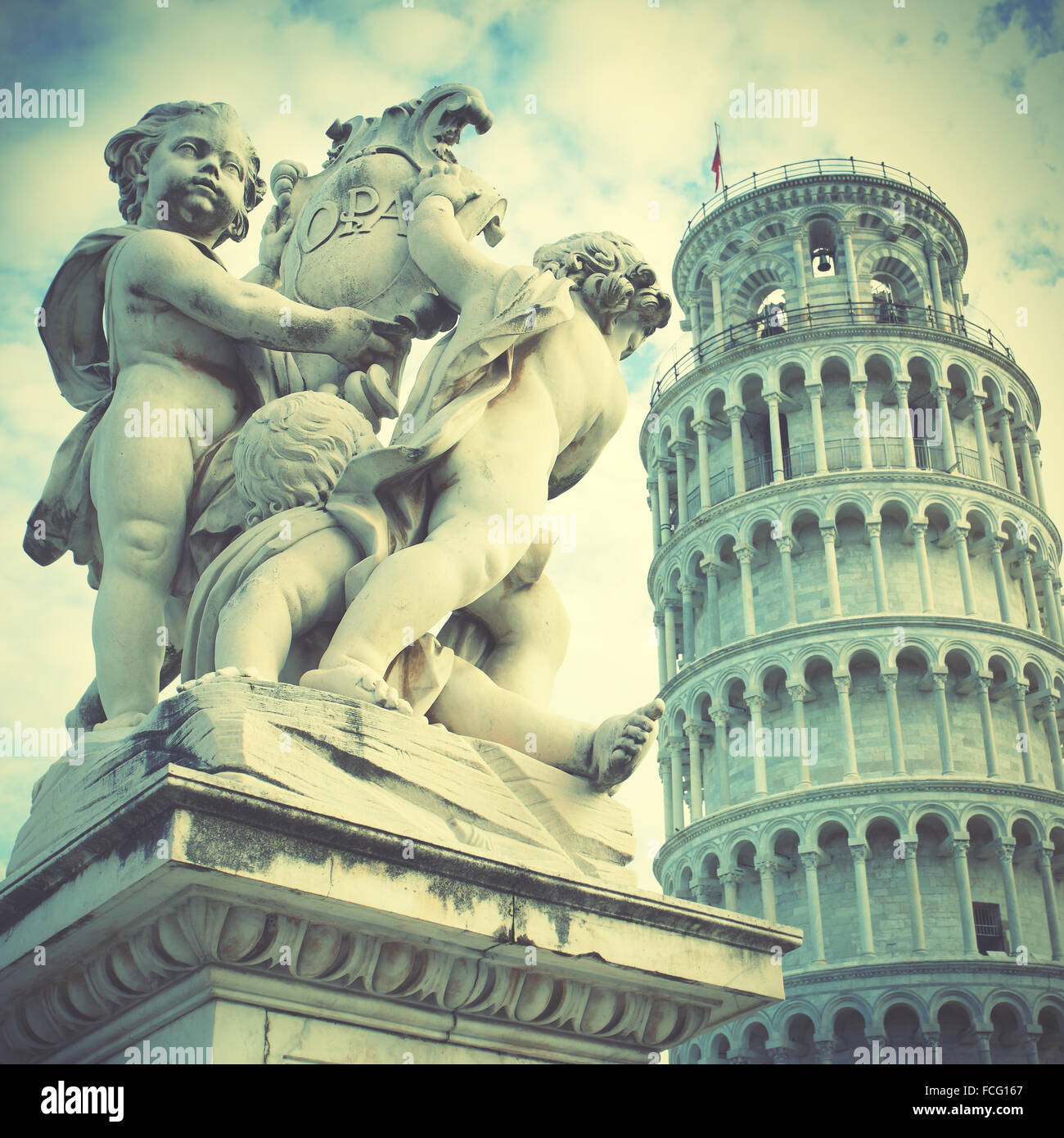 La Fontana dei Putti Statue and Leaning Tower of Pisa, Italy. Retro ...