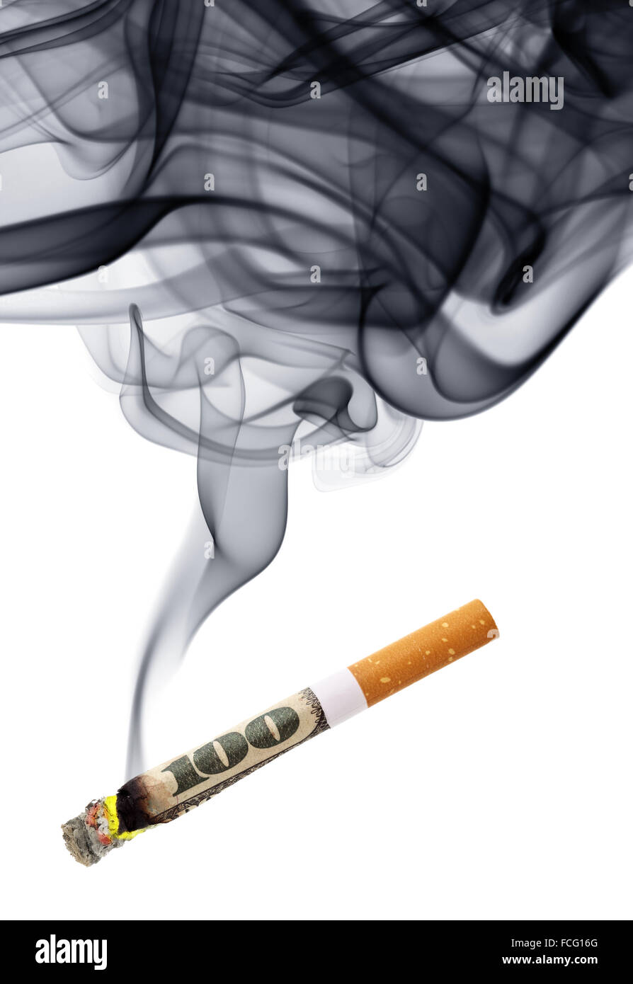 Money for smoke - cigarette stub with smoke isolated over the white ...