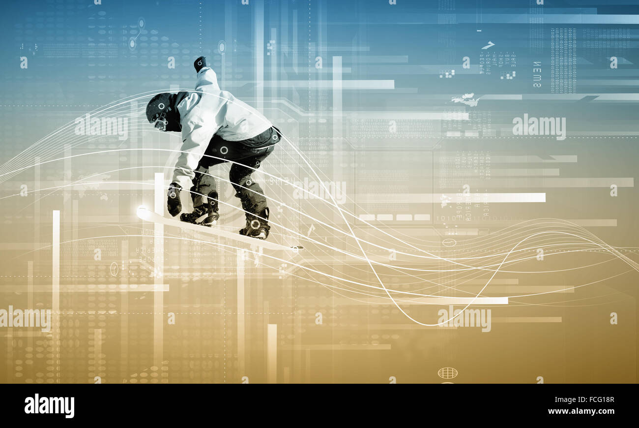 Male snowboarder making jump against media background Stock Photo - Alamy