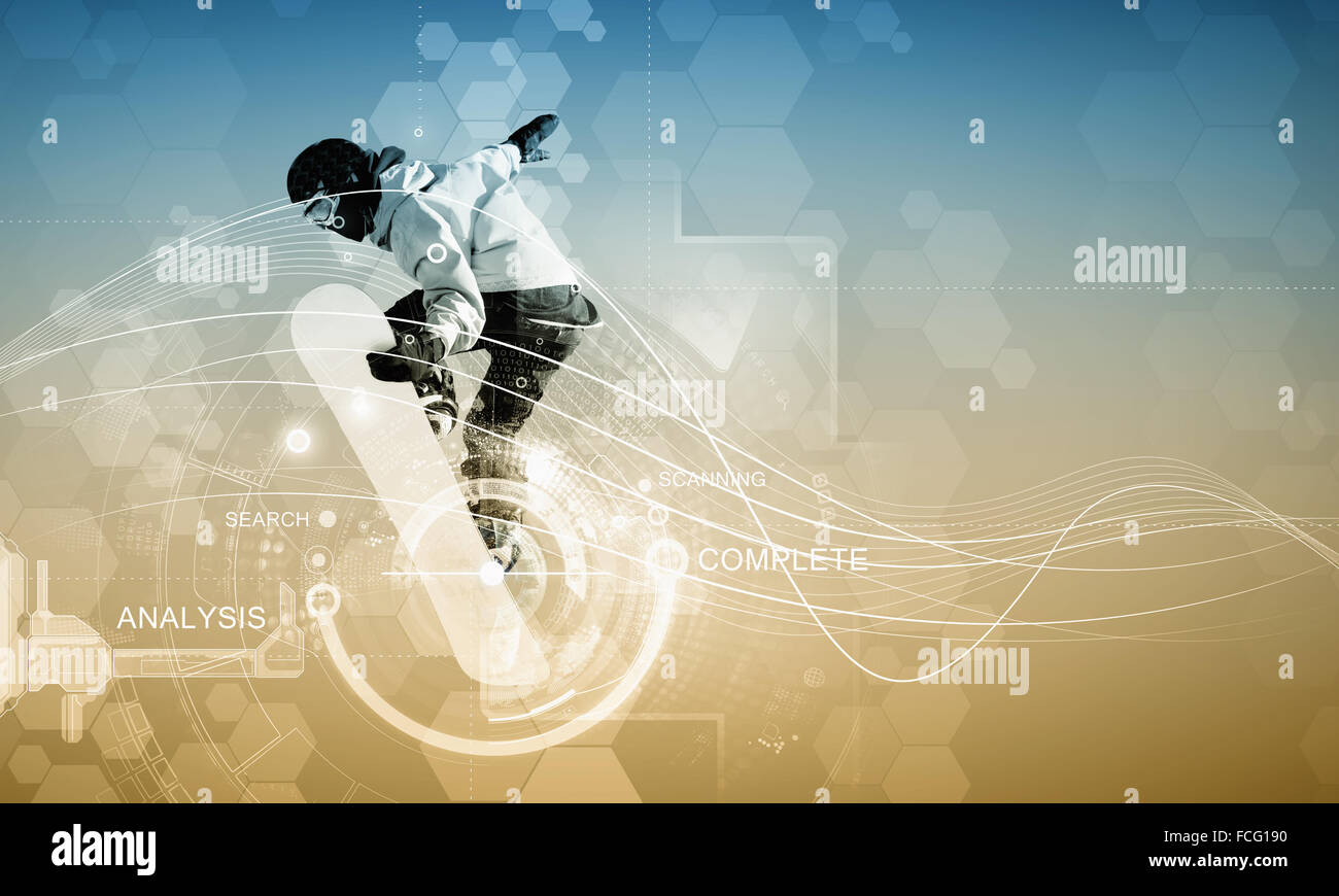 Male snowboarder making jump against media background Stock Photo - Alamy