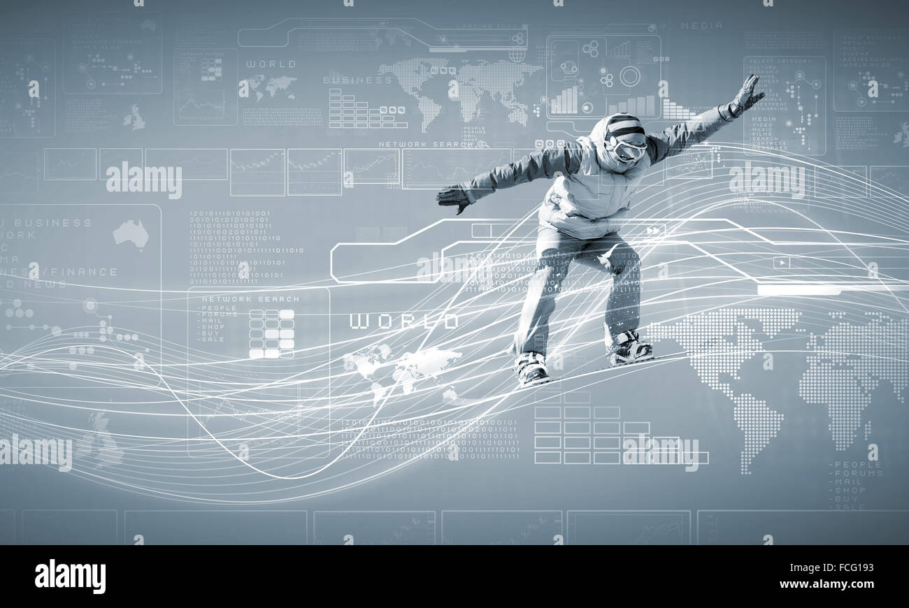 Male snowboarder making jump against media background Stock Photo - Alamy