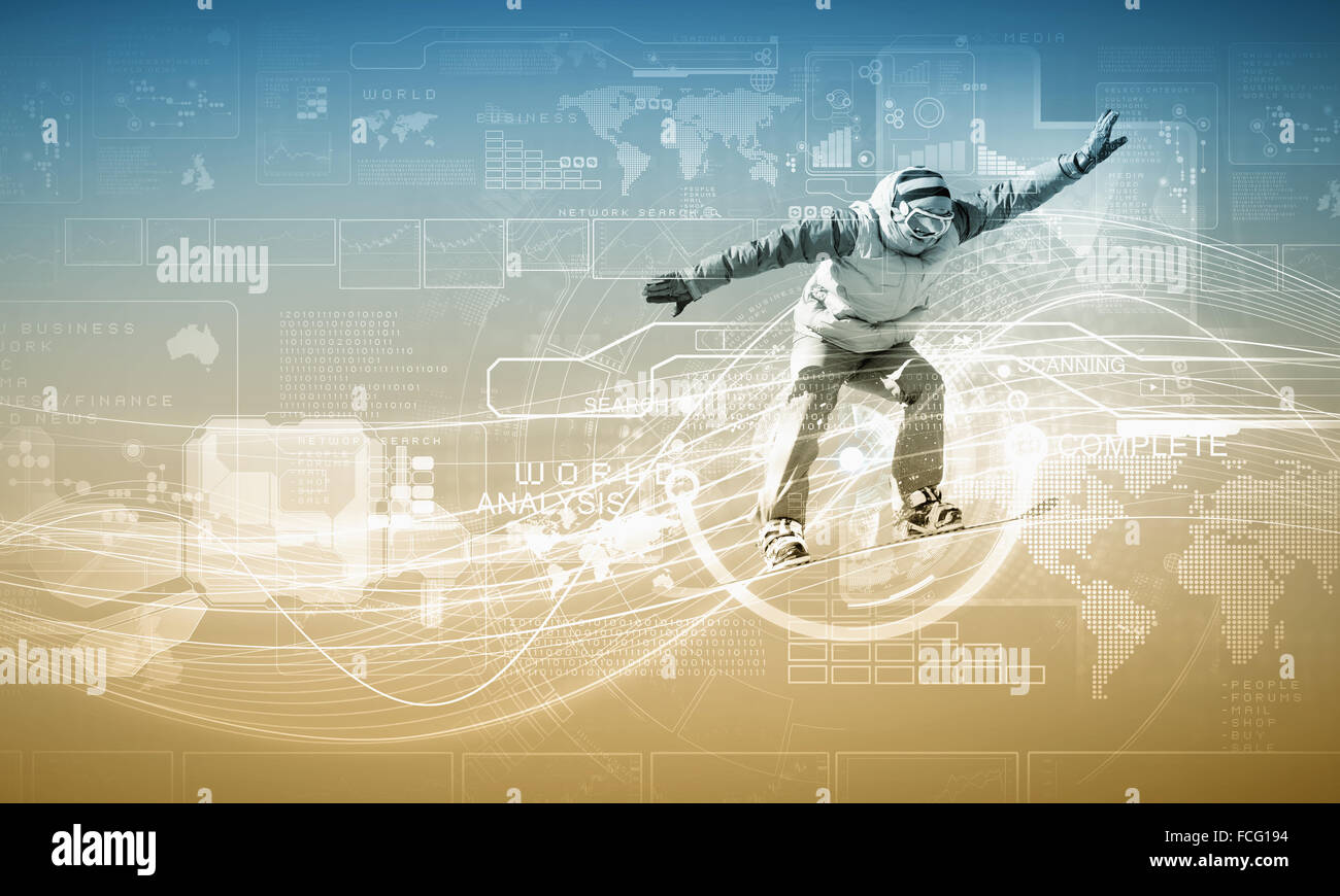 Male snowboarder making jump against media background Stock Photo - Alamy