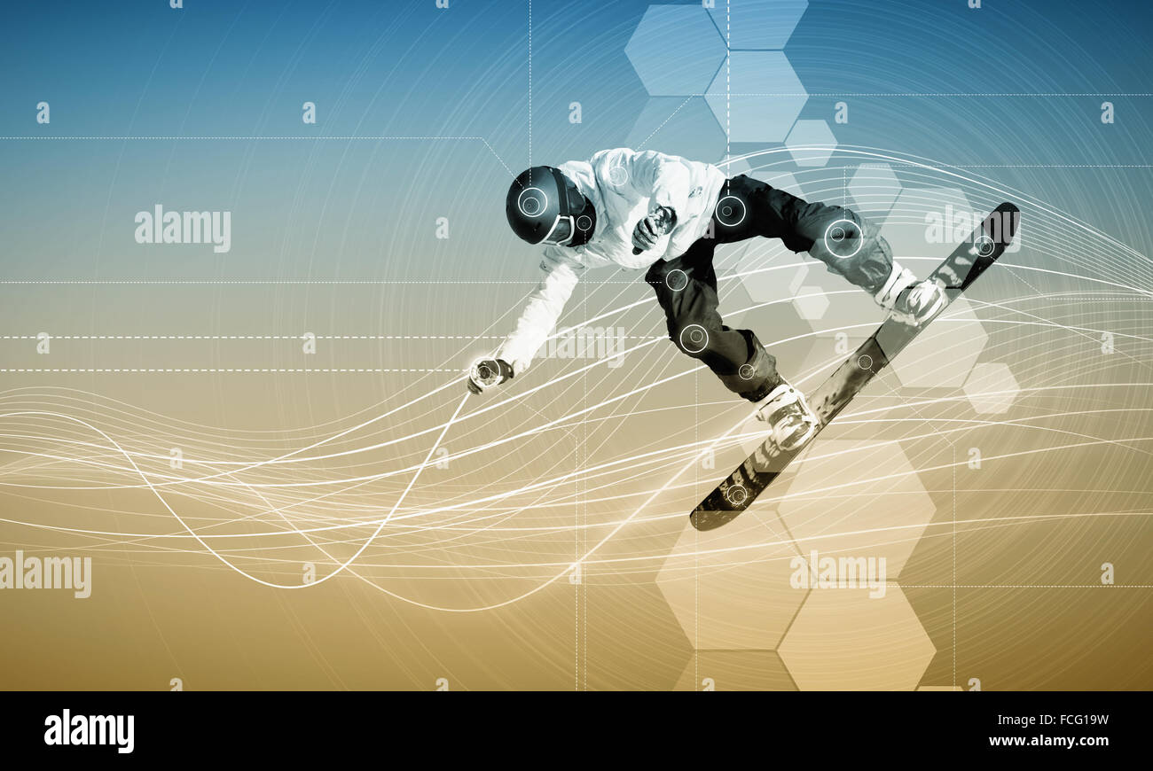 Male snowboarder making jump against media background Stock Photo - Alamy