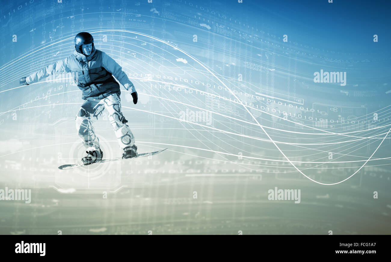 Male snowboarder making jump against media background Stock Photo - Alamy