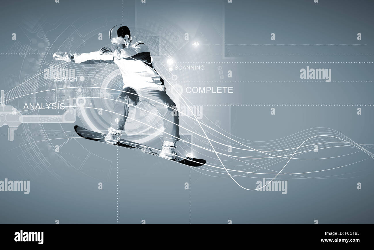 Male snowboarder making jump against media background Stock Photo - Alamy