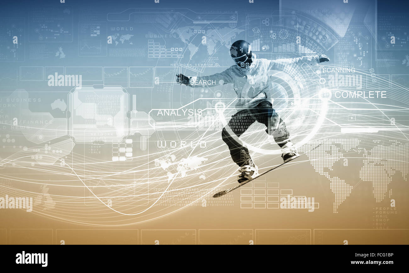 Male snowboarder making jump against media background Stock Photo - Alamy