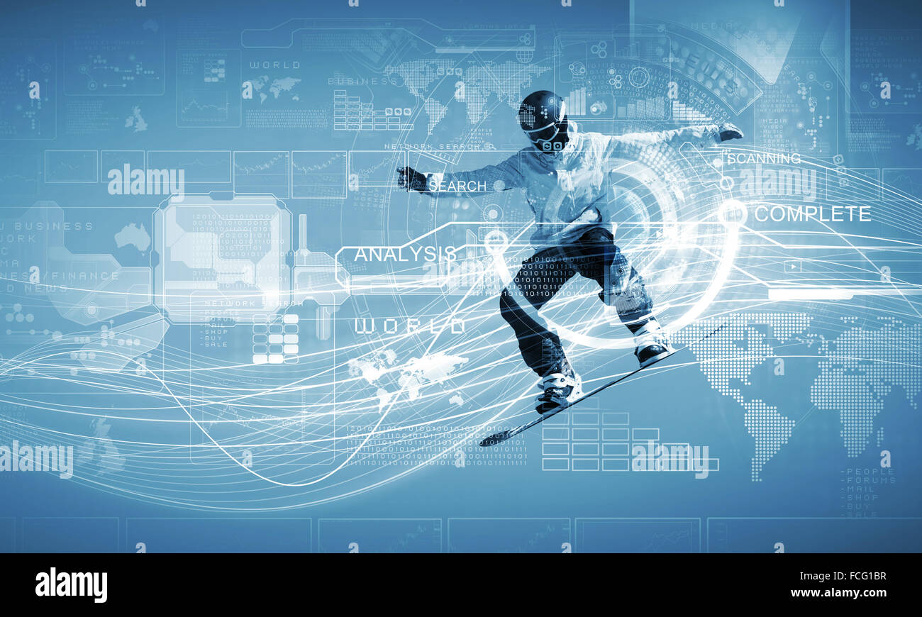 Male snowboarder making jump against media background Stock Photo - Alamy