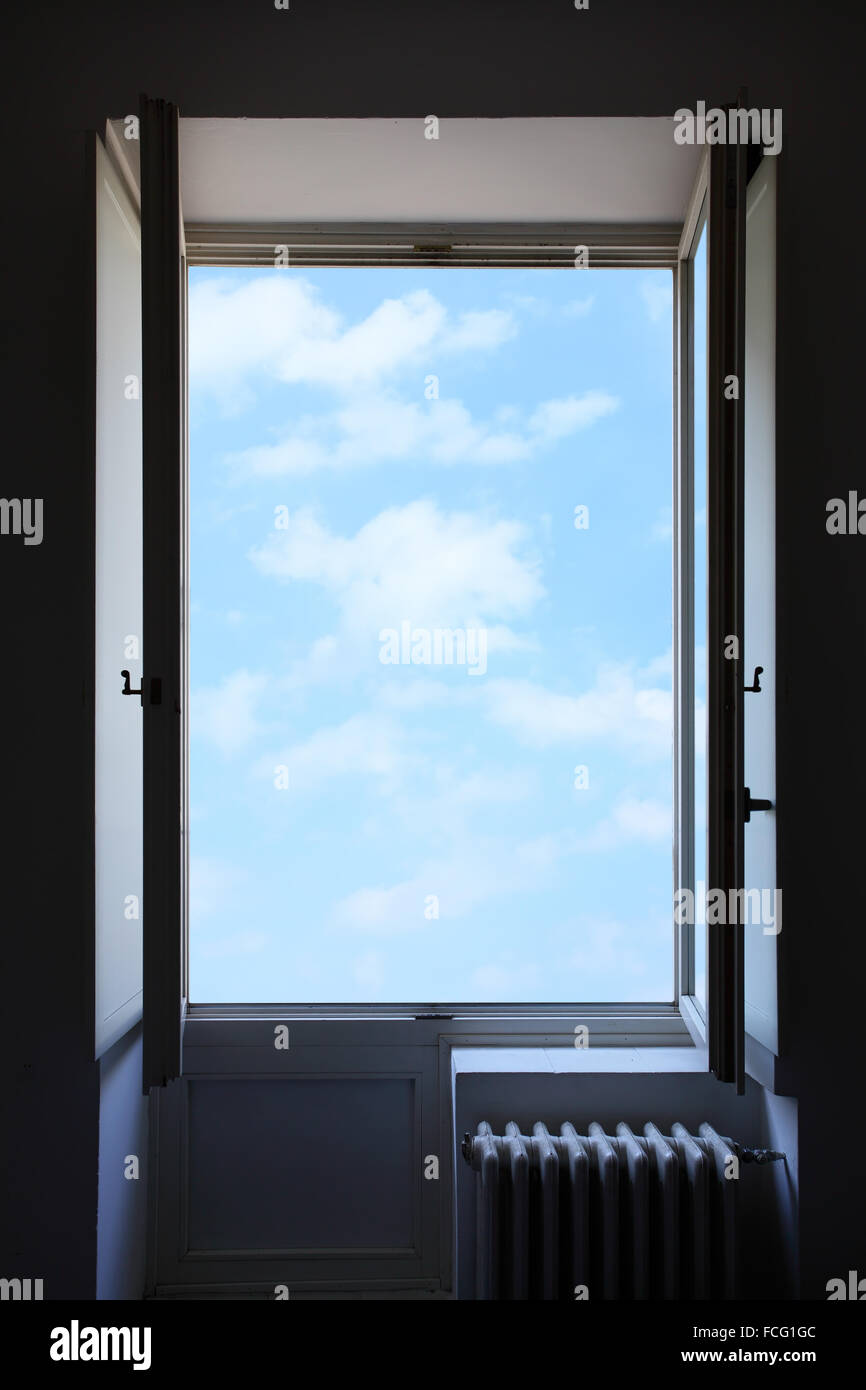 Open window and sky behind Stock Photo - Alamy