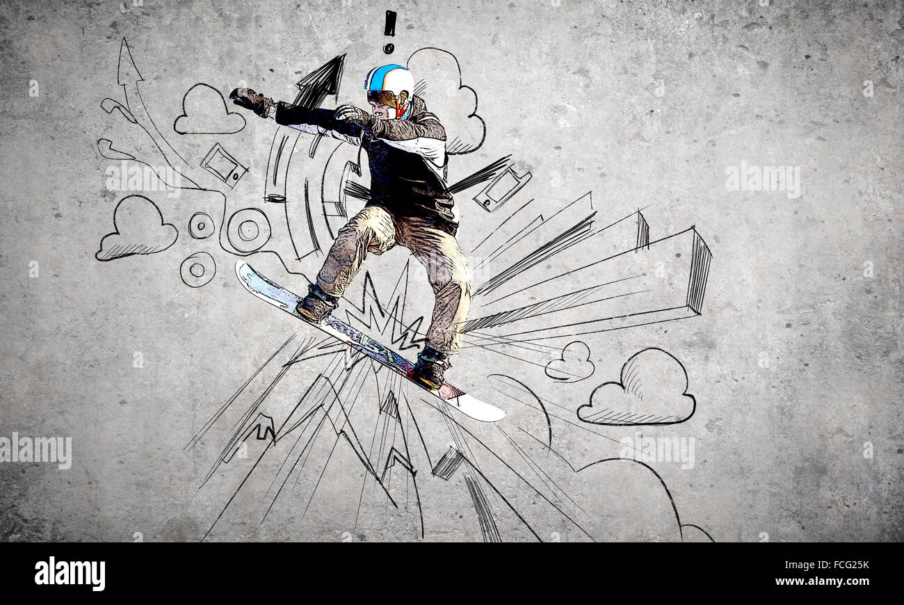 Close up of hand drawing sketches of snowboarder Stock Photo - Alamy