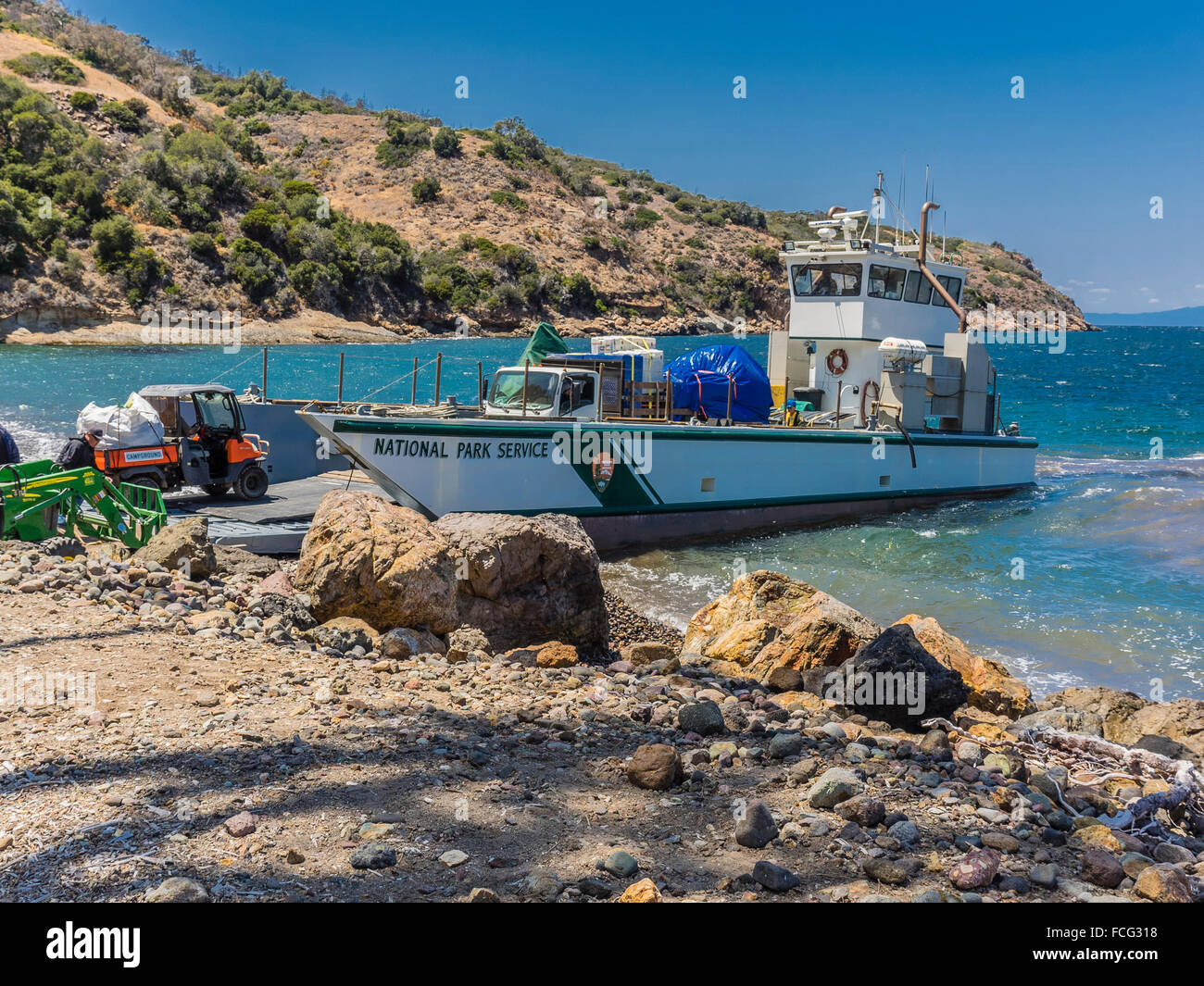 A National Park Service supply boat at Prisoner's Harbor on Santa Cruz ...