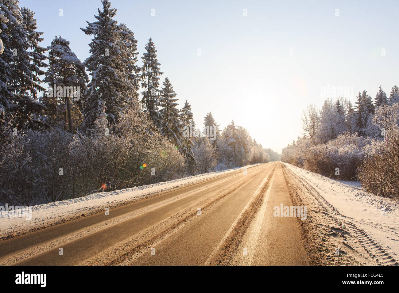 Winter road through snowy forests Stock Photo - Alamy