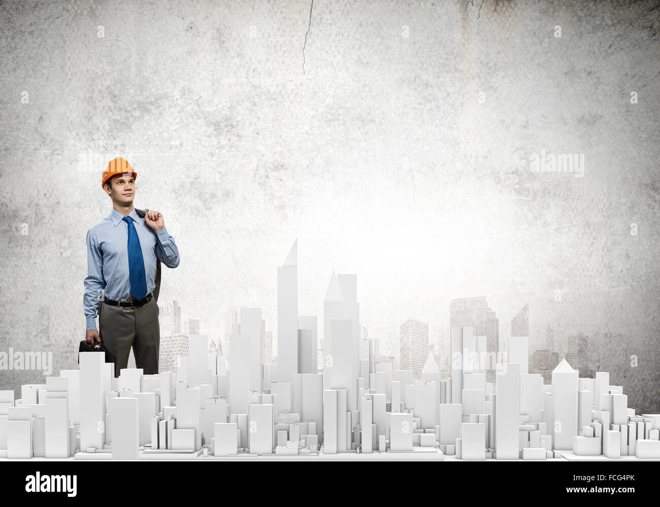 Businessman looking at digital construction project of modern city ...