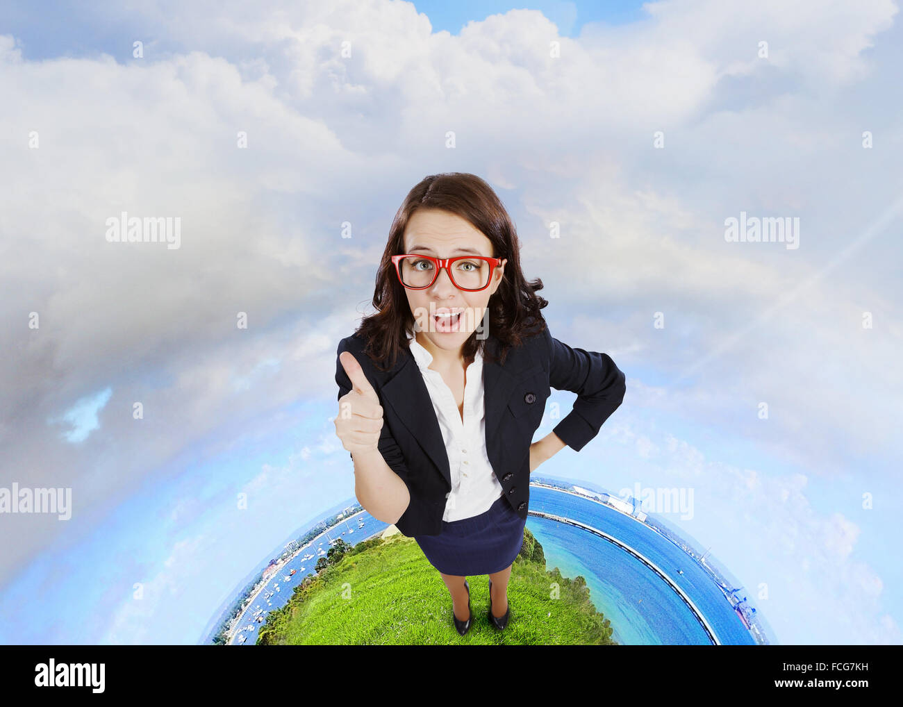 Top view of young pretty businesswoman with thumbs up Stock Photo - Alamy