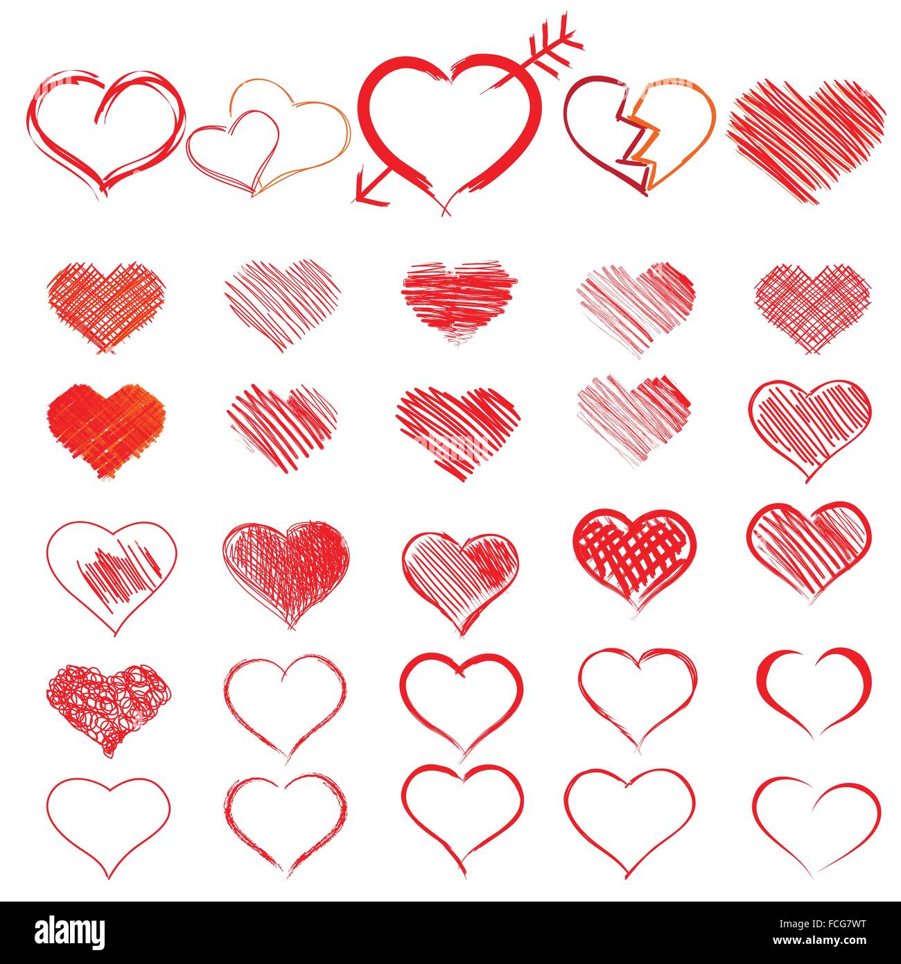 Set of symbols heart, isolated on white, vector. Hand drawn Stock ...