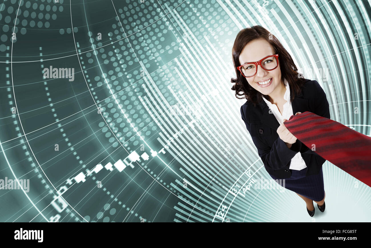 Top view of businesswoman pulling tie of boss Stock Photo - Alamy