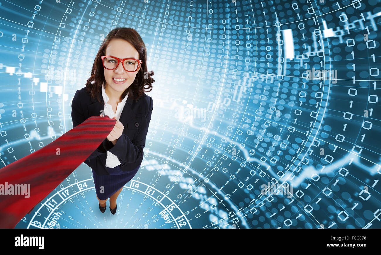 Top view of businesswoman pulling tie of boss Stock Photo - Alamy