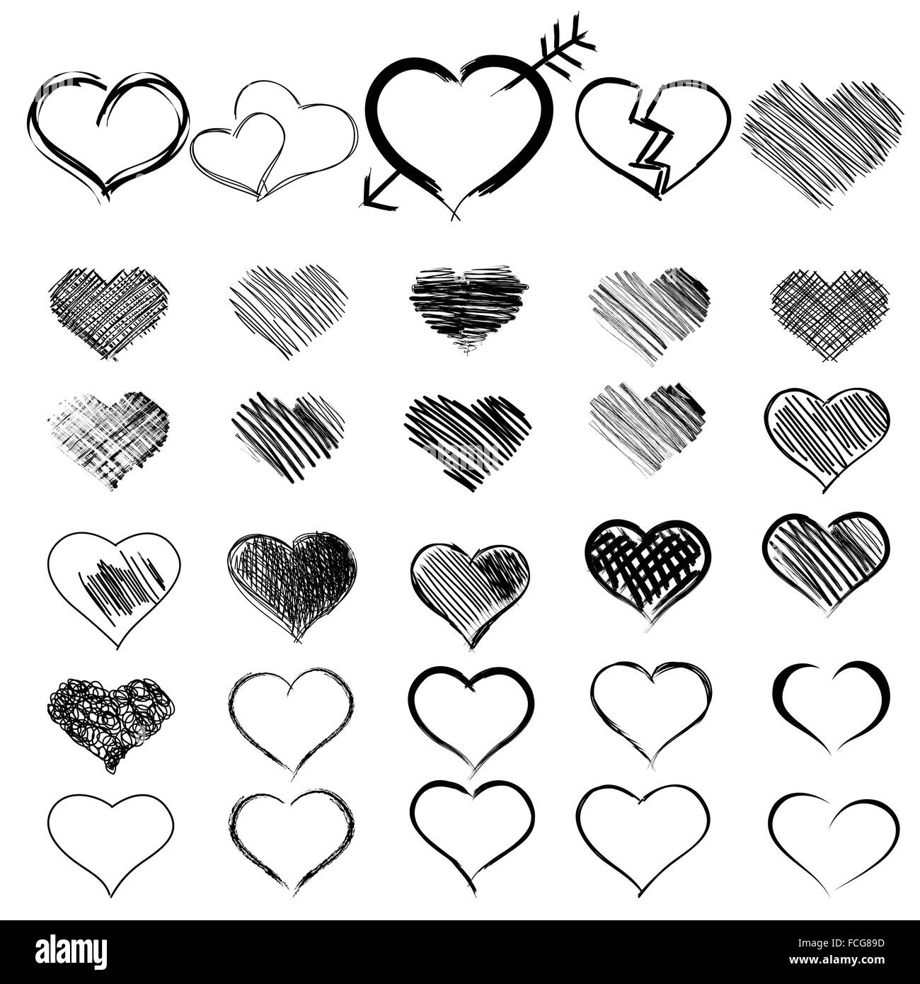 Set of symbols heart, isolated on white, vector. Hand drawn Stock ...
