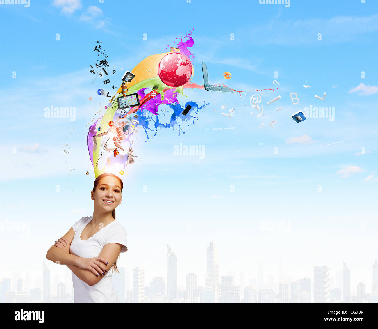 Young smiling woman with colorful thoughts above head Stock Photo - Alamy