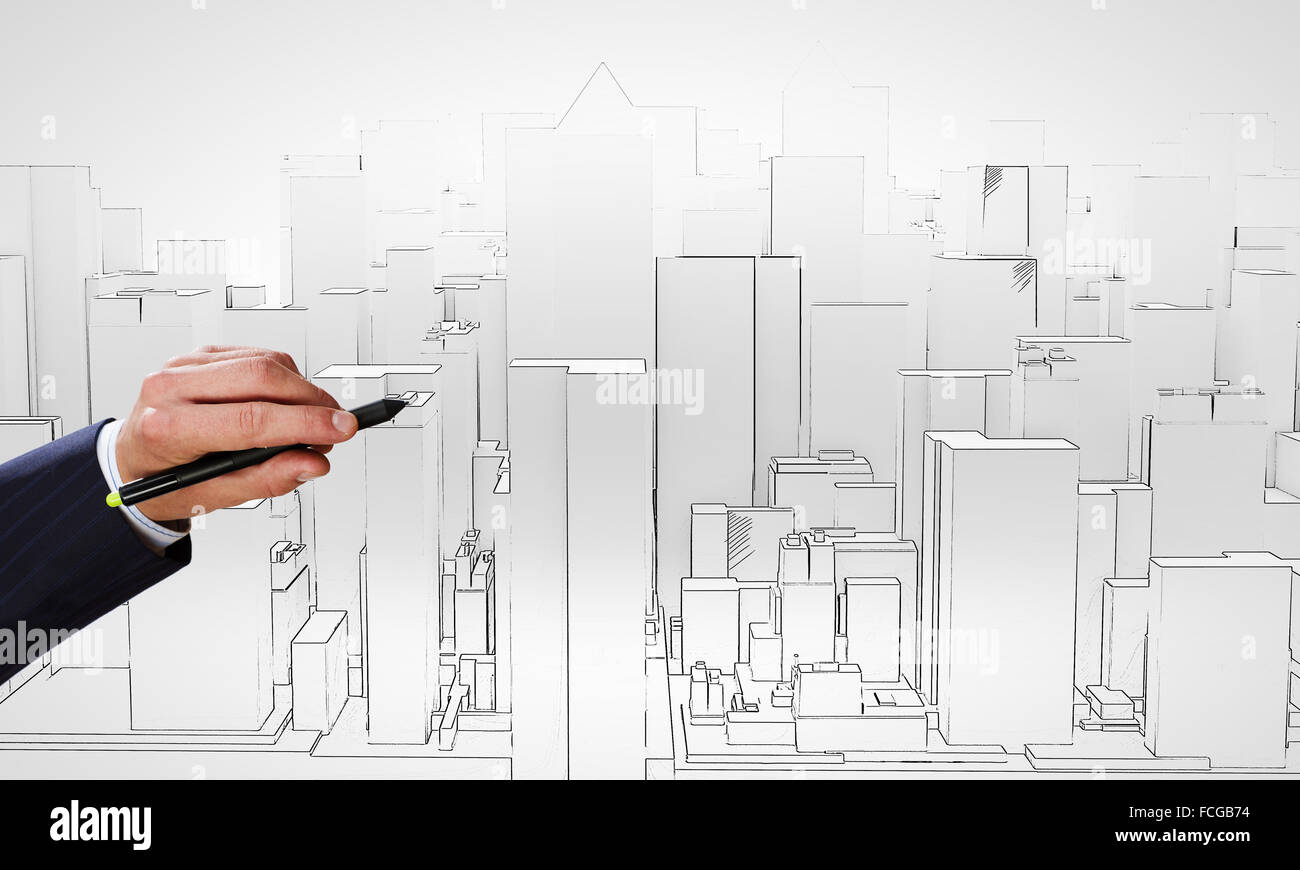 Close up of male hand drawing construction project Stock Photo - Alamy