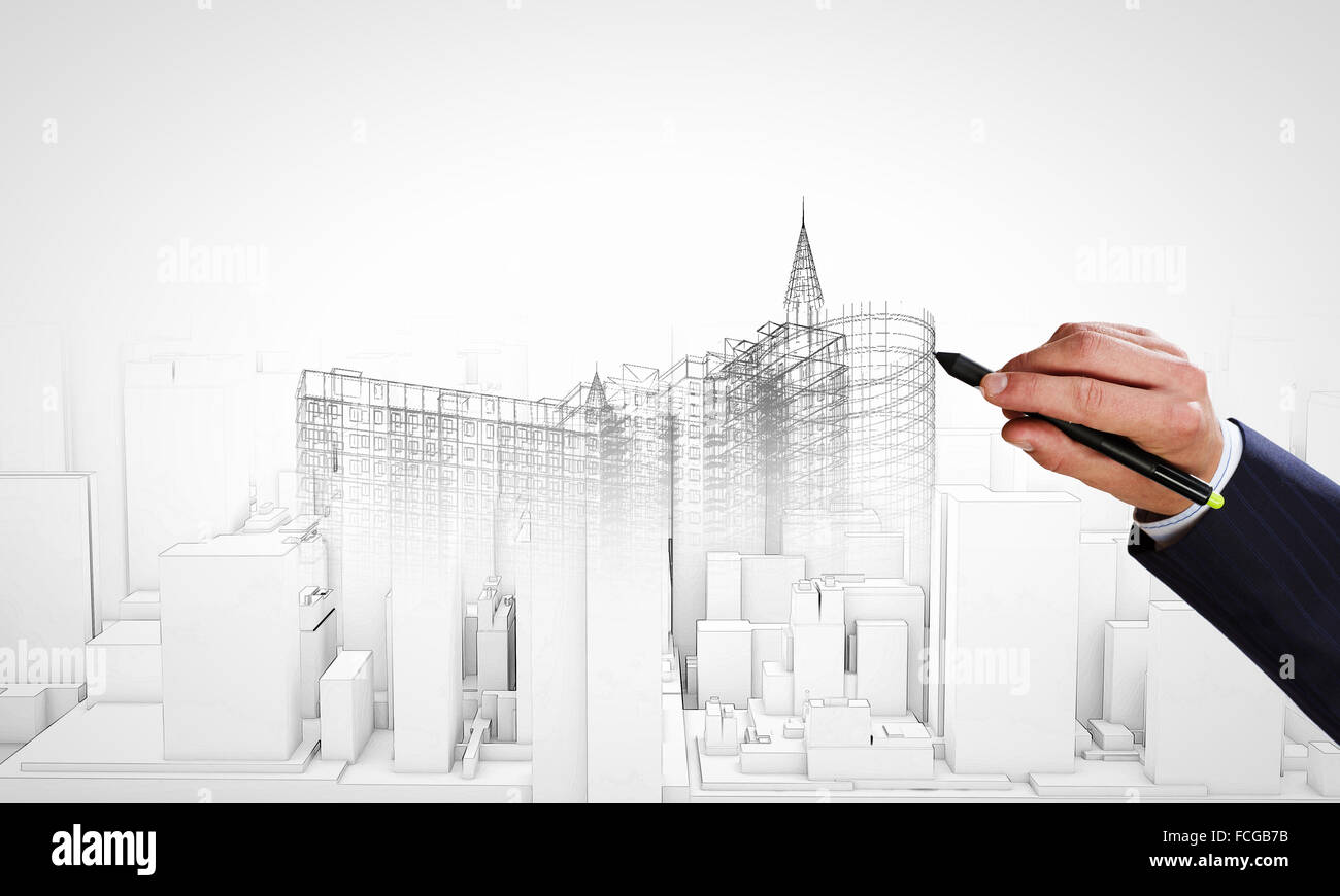 Close up of male hand drawing construction project Stock Photo - Alamy