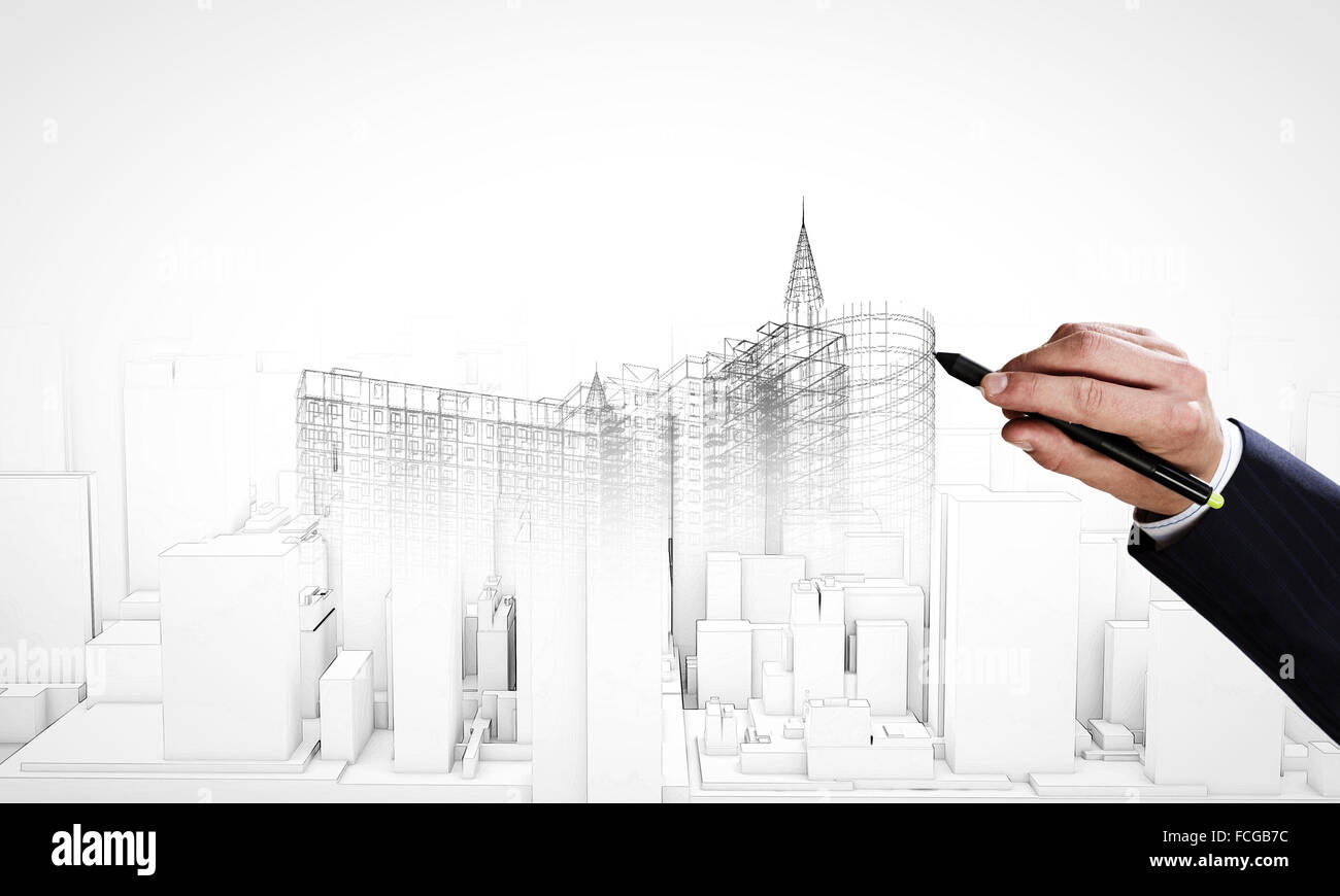 Close up of male hand drawing construction project Stock Photo - Alamy