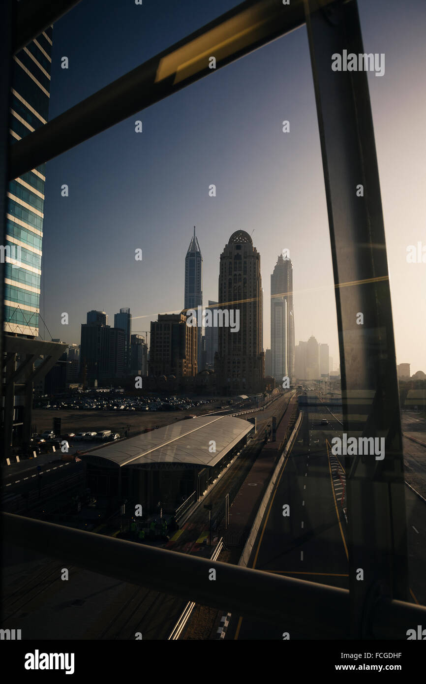 UAE, Dubai, view through window at skyline Stock Photo - Alamy