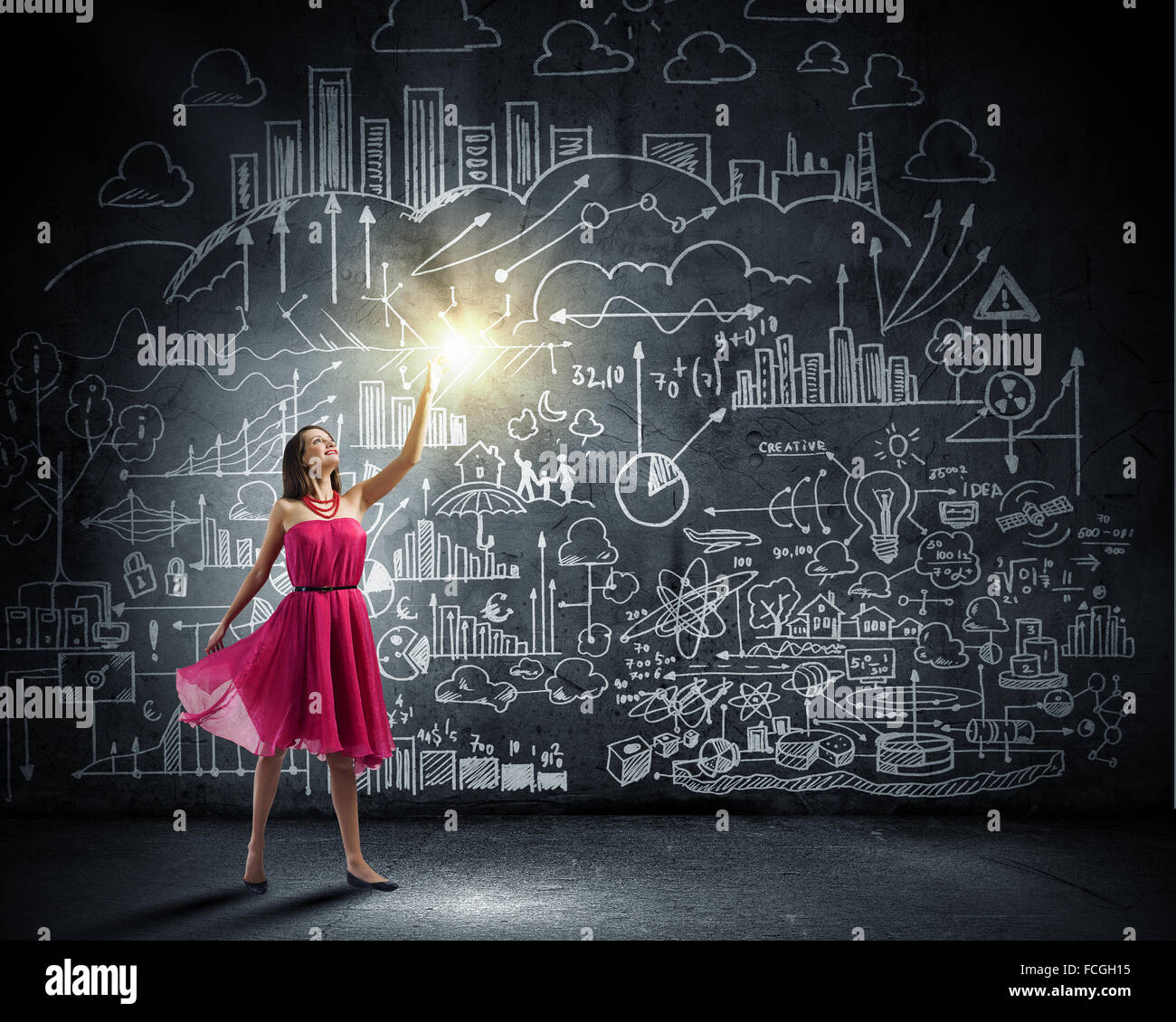 Woman in red dress against sketch background touching light spot Stock ...