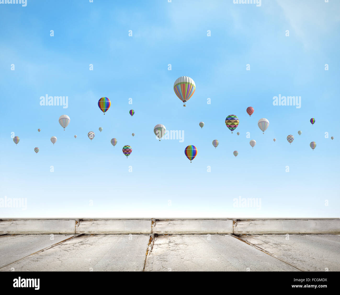 Colorful balloons flying high in blue sky Stock Photo - Alamy