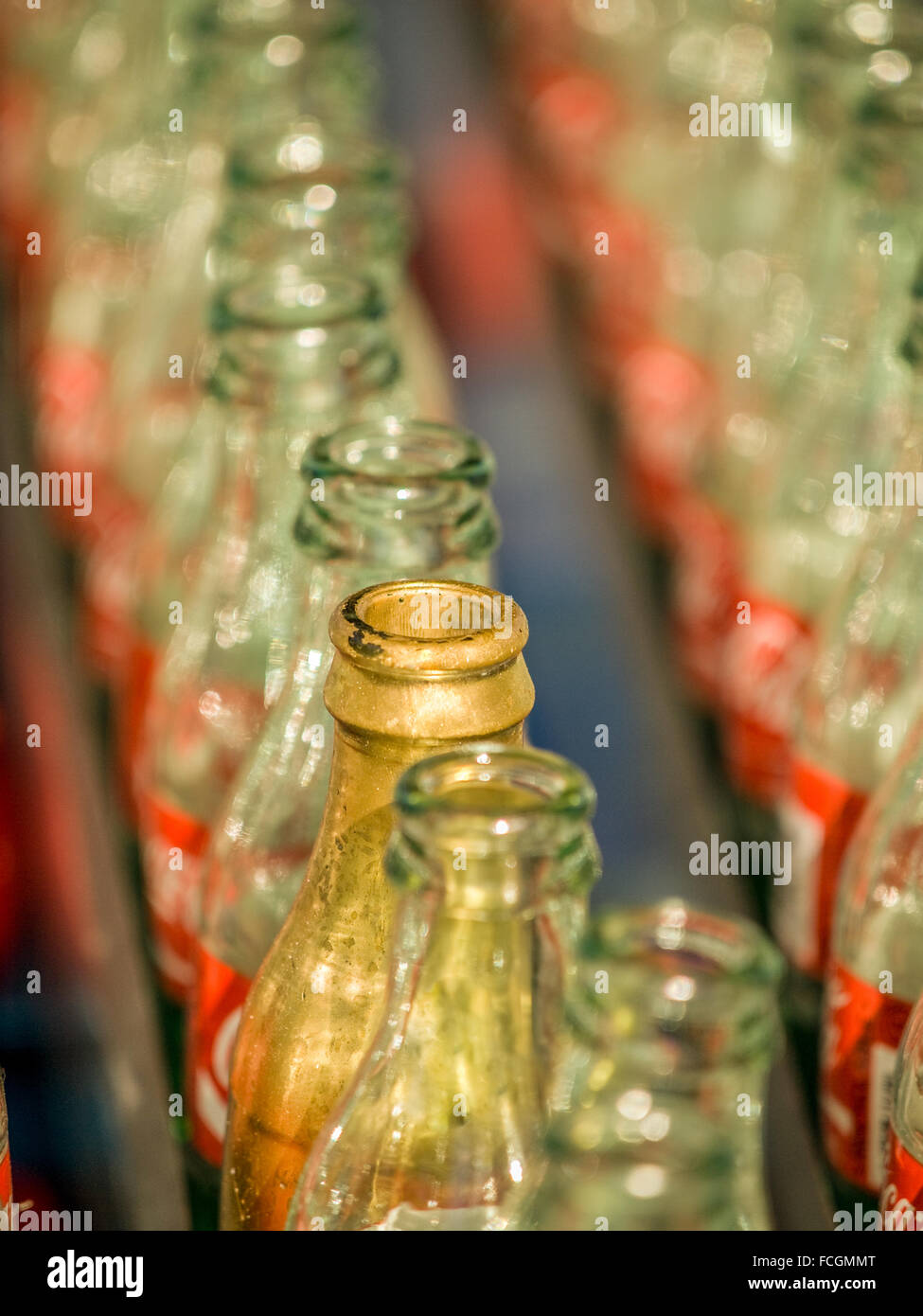 Lines of clear empty coke bottles, where only a few are painted gold ...