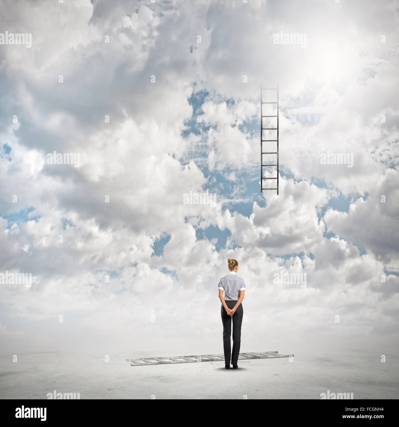 Rear view of businesswoman looking at broken ladder Stock Photo - Alamy