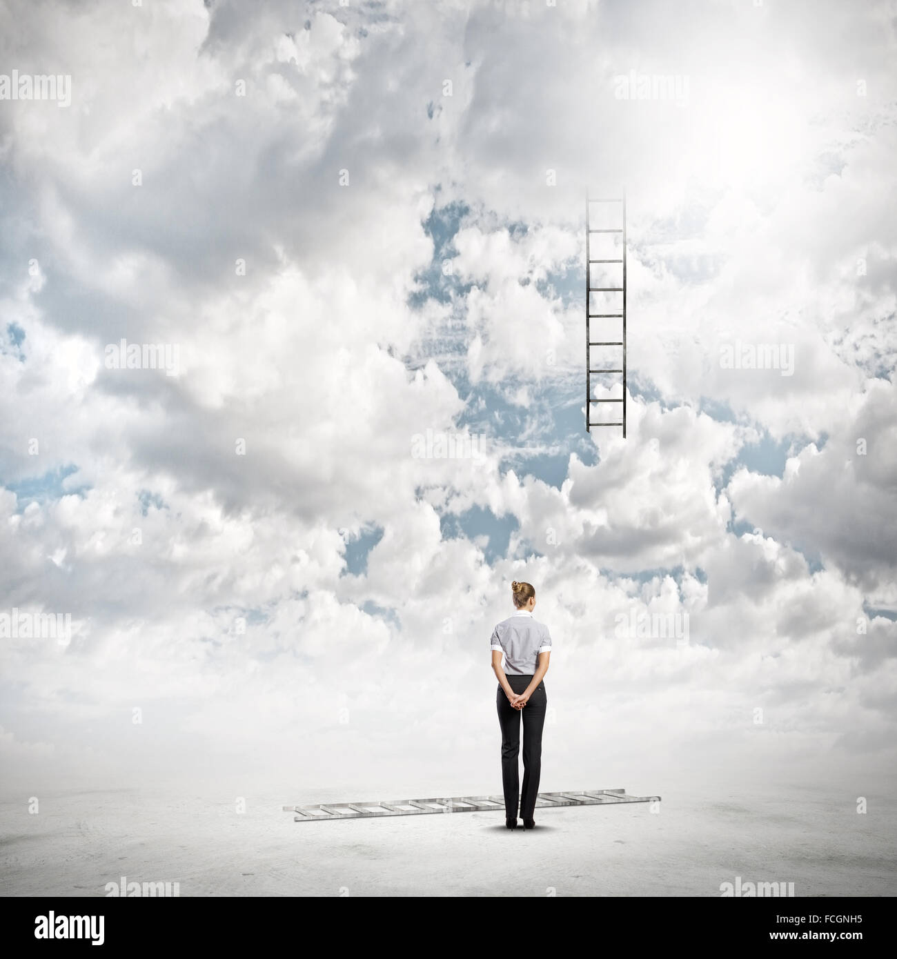 Rear view of businesswoman looking at broken ladder Stock Photo - Alamy