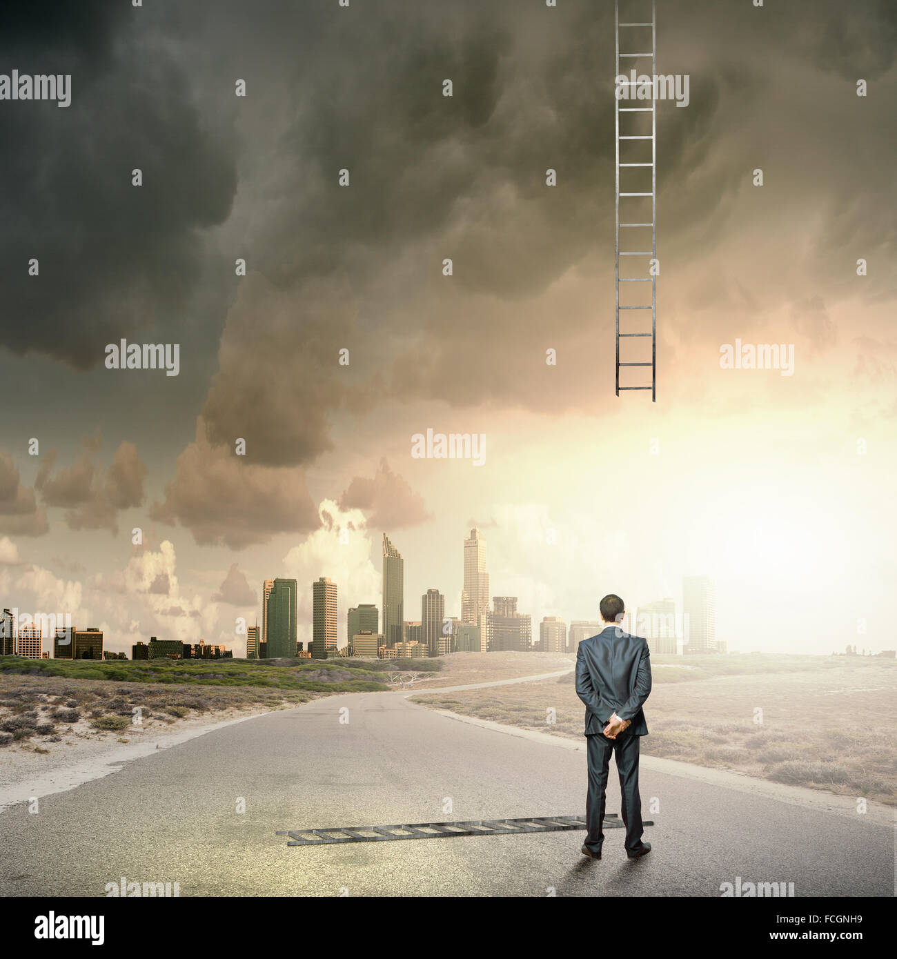 Rear view of businessman looking at broken ladder Stock Photo - Alamy