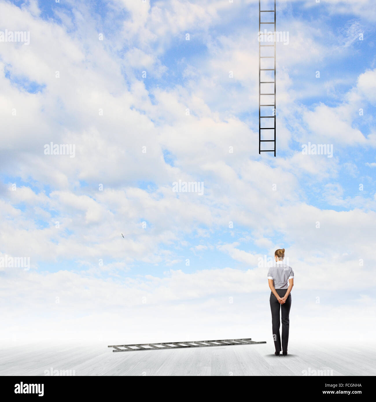 Rear view of businesswoman looking at broken ladder Stock Photo - Alamy