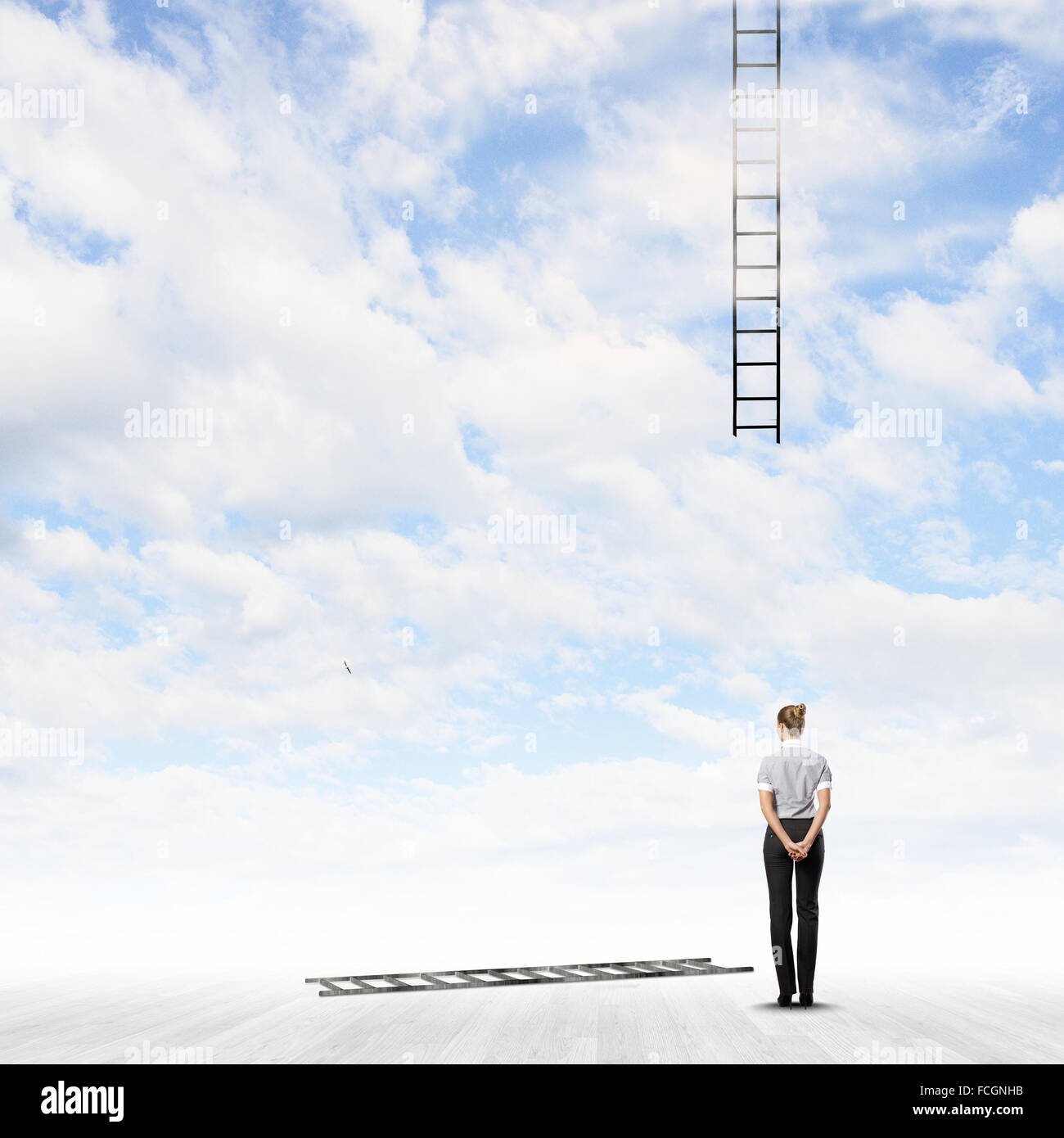 Rear view of businesswoman looking at broken ladder Stock Photo - Alamy
