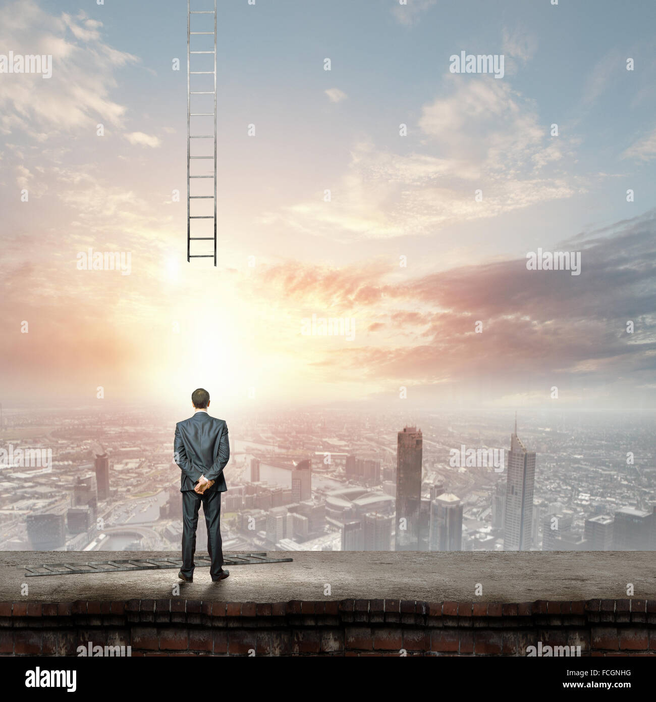 Rear view of businessman looking at broken ladder Stock Photo - Alamy