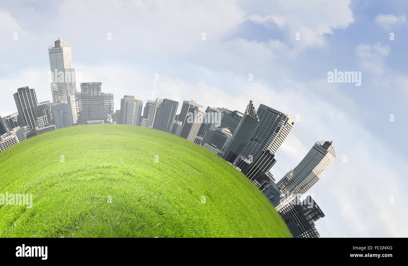 Urban landscape on green planet surface. Ecology idea Stock Photo - Alamy