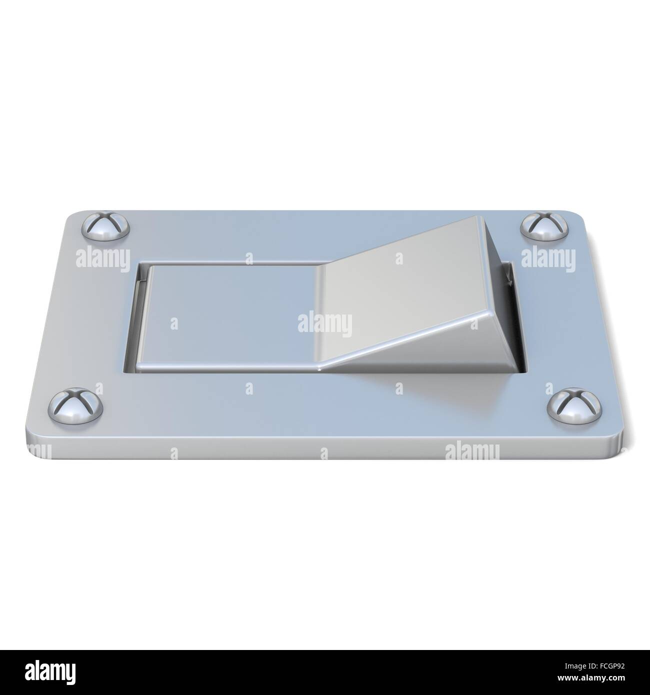 Blank, silver, power switch button. Side view. 3D render illustration ...