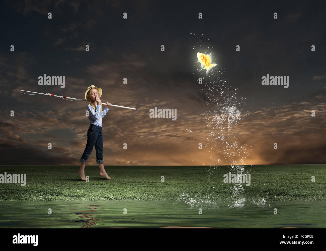 Cute girl of school age with fishing rod Stock Photo - Alamy
