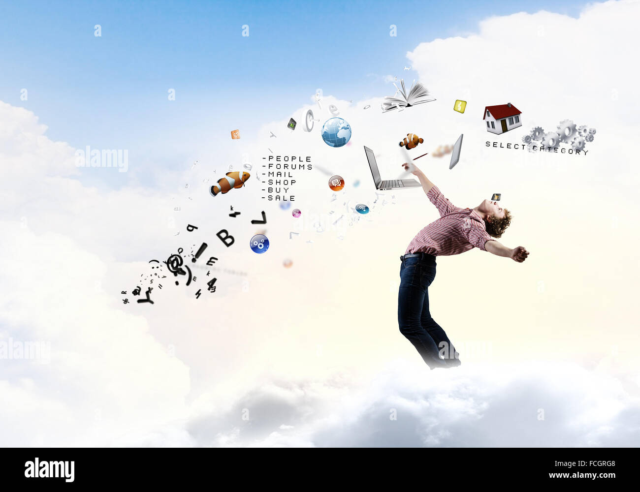 Young man in casual evading from flying icons Stock Photo - Alamy