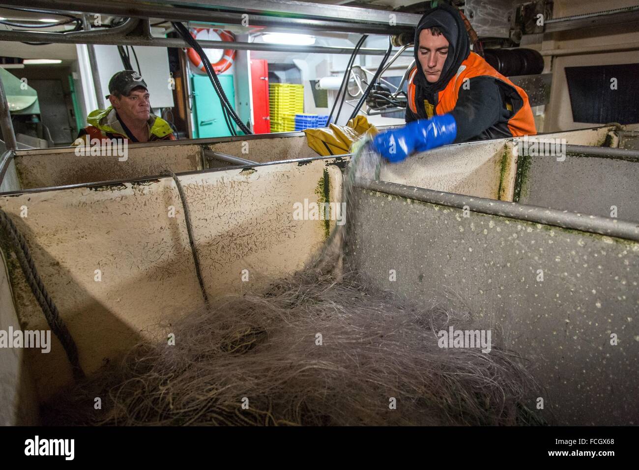 FISHING ON A GILLNETTING BOAT OFF THE COAST OF LORIENT, BRITTANY ...