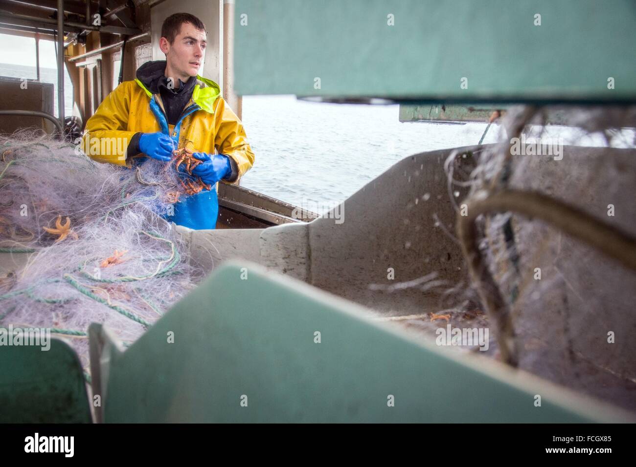 FISHING ON A GILLNETTING BOAT OFF THE COAST OF LORIENT, BRITTANY ...