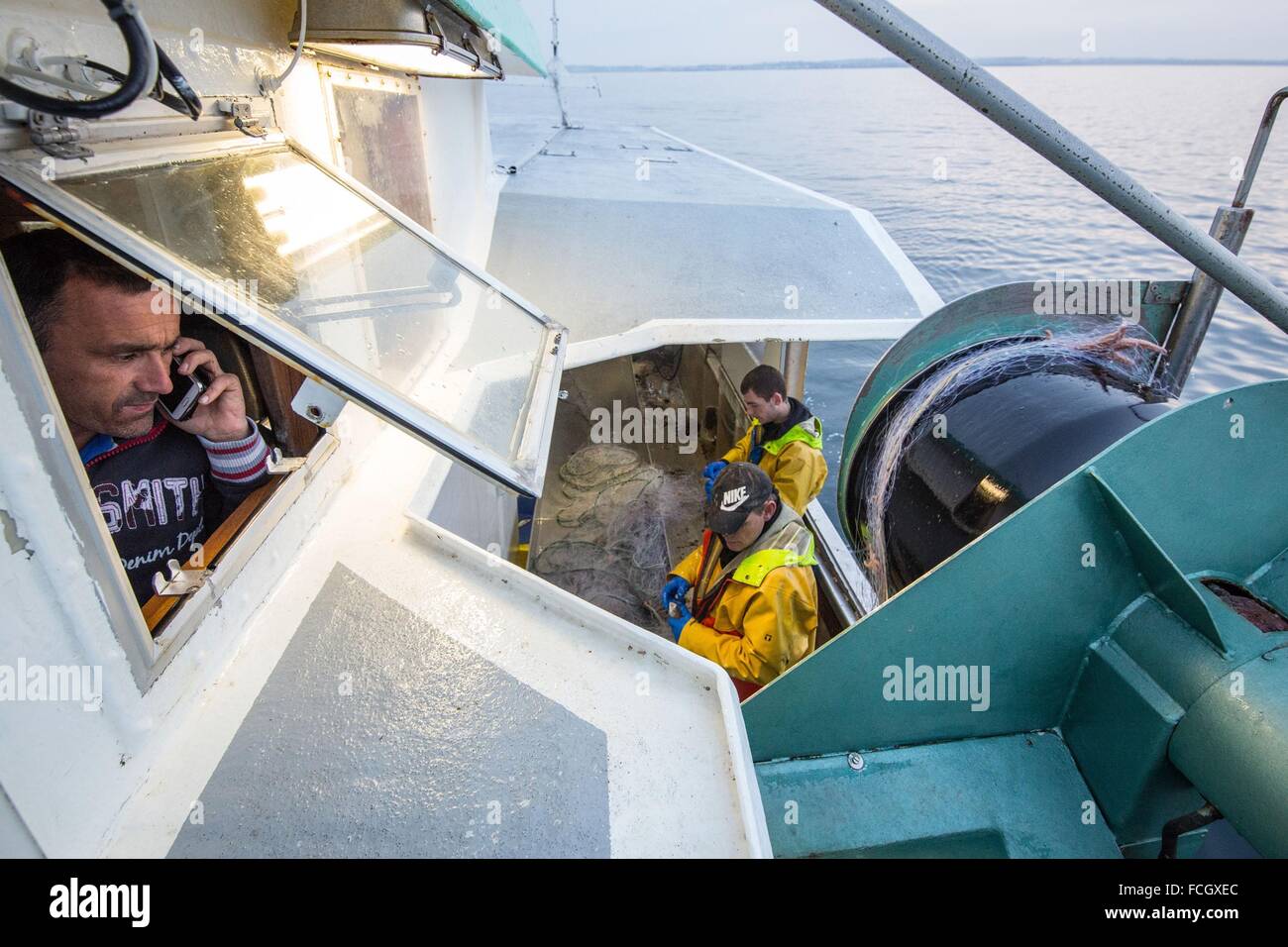 FISHING ON A GILLNETTING BOAT OFF THE COAST OF LORIENT, BRITTANY ...