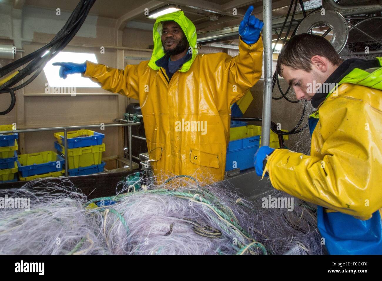 FISHING ON A GILLNETTING BOAT OFF THE COAST OF LORIENT, BRITTANY ...