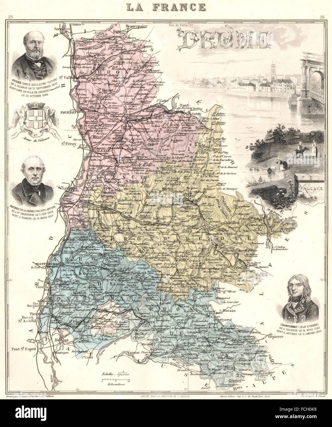 DRÔME: Drôme département. Valence vignette. Vuillemin, 1903 antique map ...