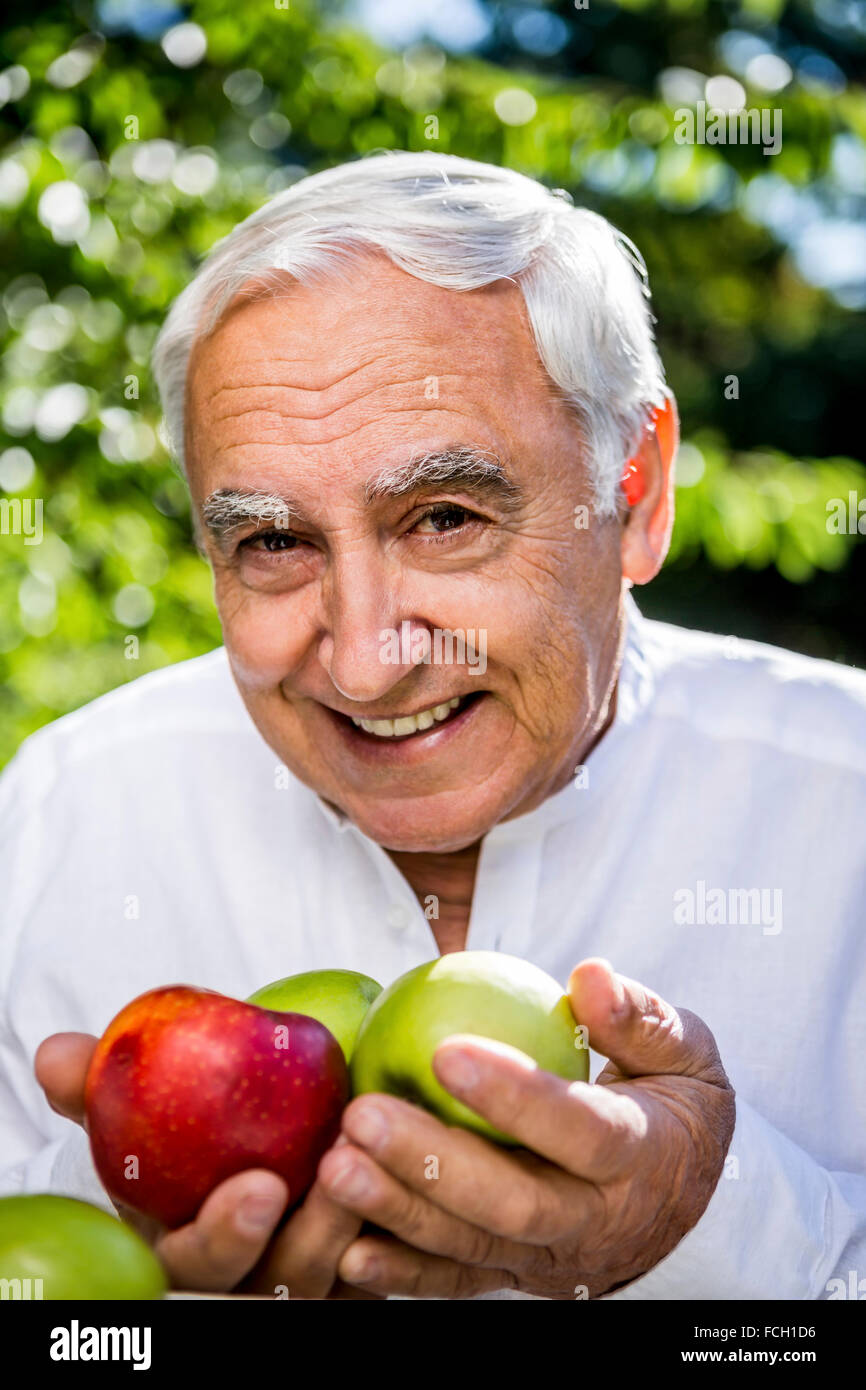 Smiling senior man holding apples outdoors Stock Photo - Alamy
