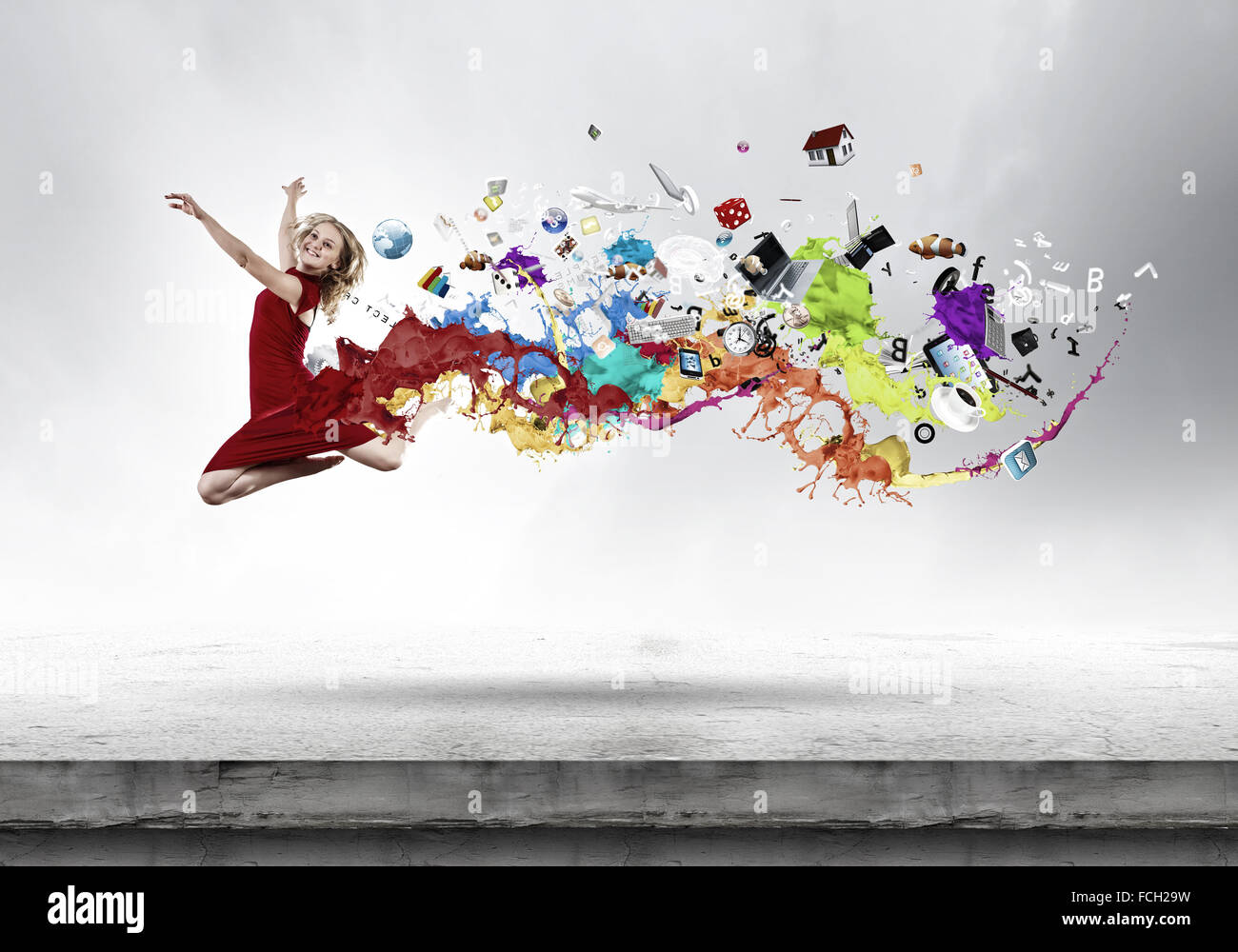 Young woman dancer in red dress jumping high Stock Photo - Alamy