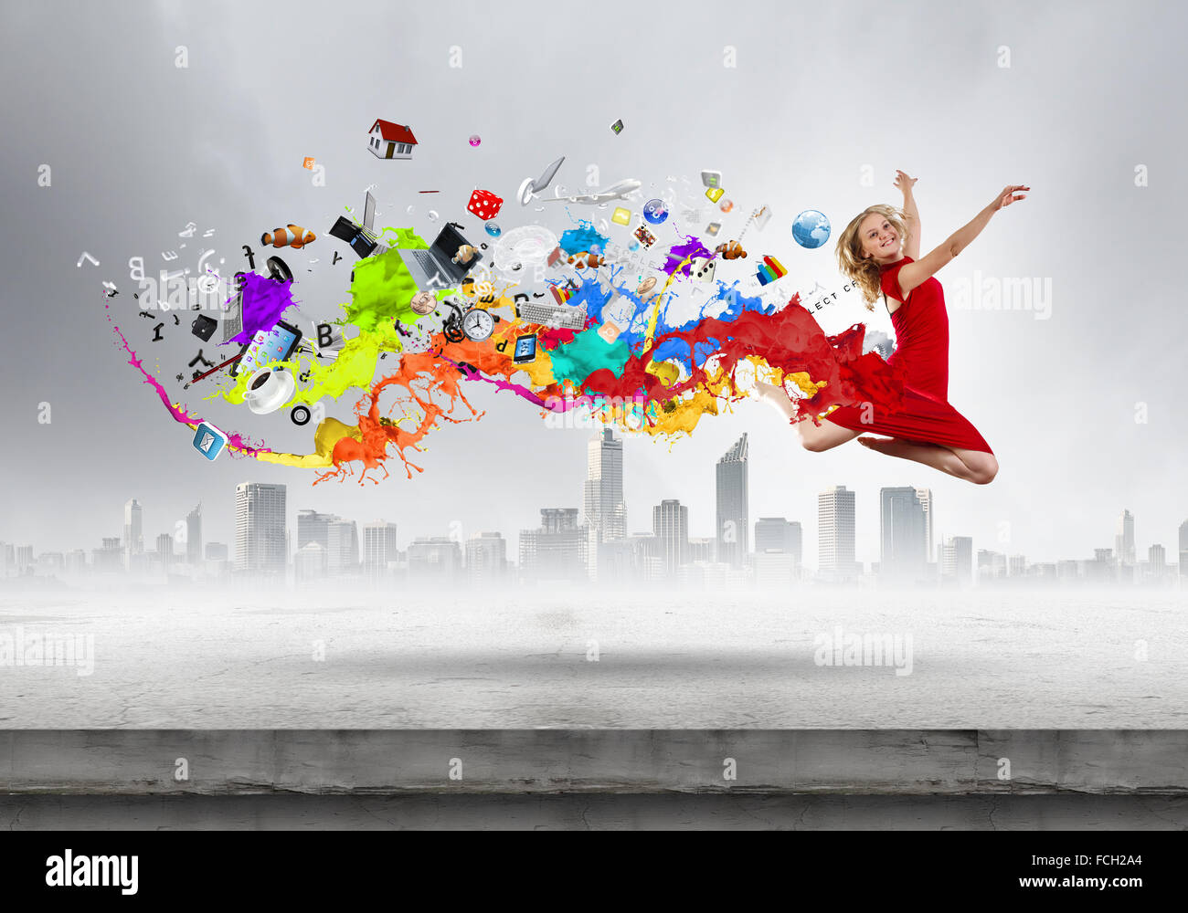 Young woman dancer in red dress jumping high Stock Photo - Alamy